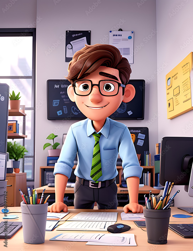 Illustration of a Young Entrepreneur Working Late in a Modern Co ...