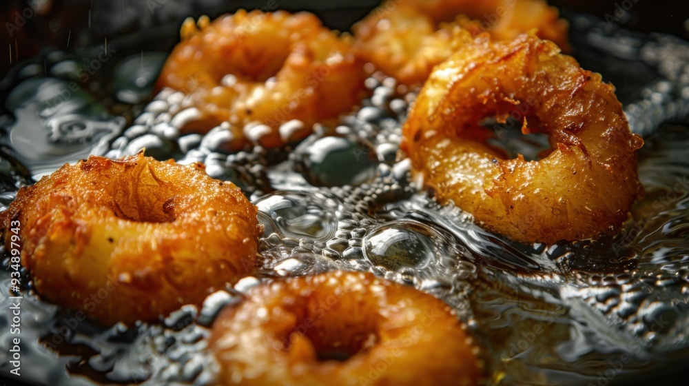 Medu vada, a savory South Indian street food, is deep frying in a pan ...