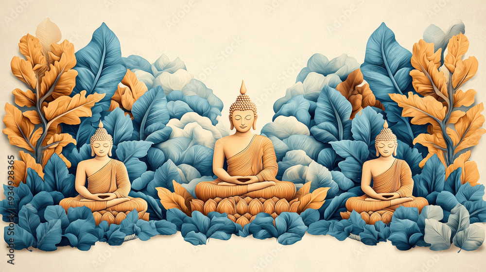 Intricate Thai Culture Borders with Golden Buddhas, Temple Architecture ...