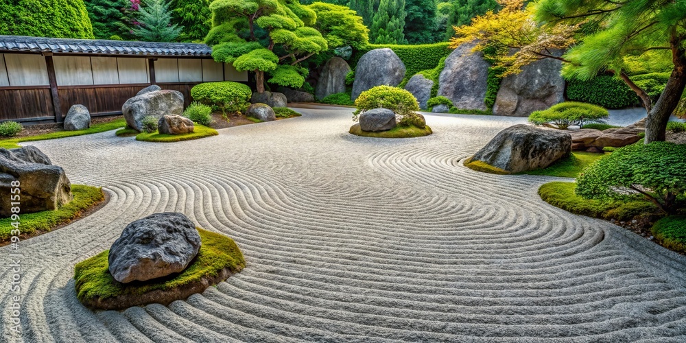 Tranquil Zen garden featuring raked gravel, rocks, and lush greenery ...