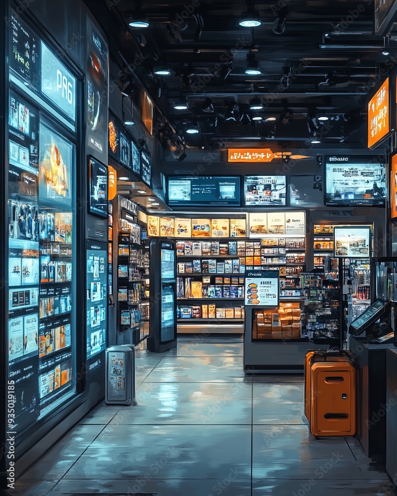 Futuristic Convenience Store Interior with Digital Displays and Modern ...