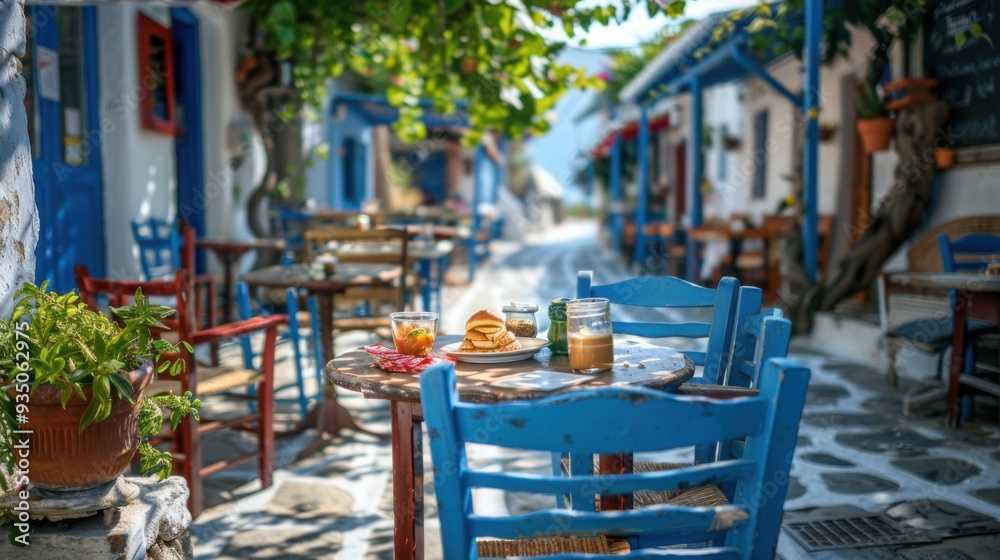 Outdoor café in a traditional Greek village in Greece, with coffee and ...