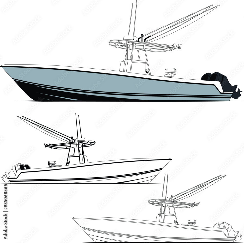 Side view fishing boat vector line art illustration t-shirt and ...