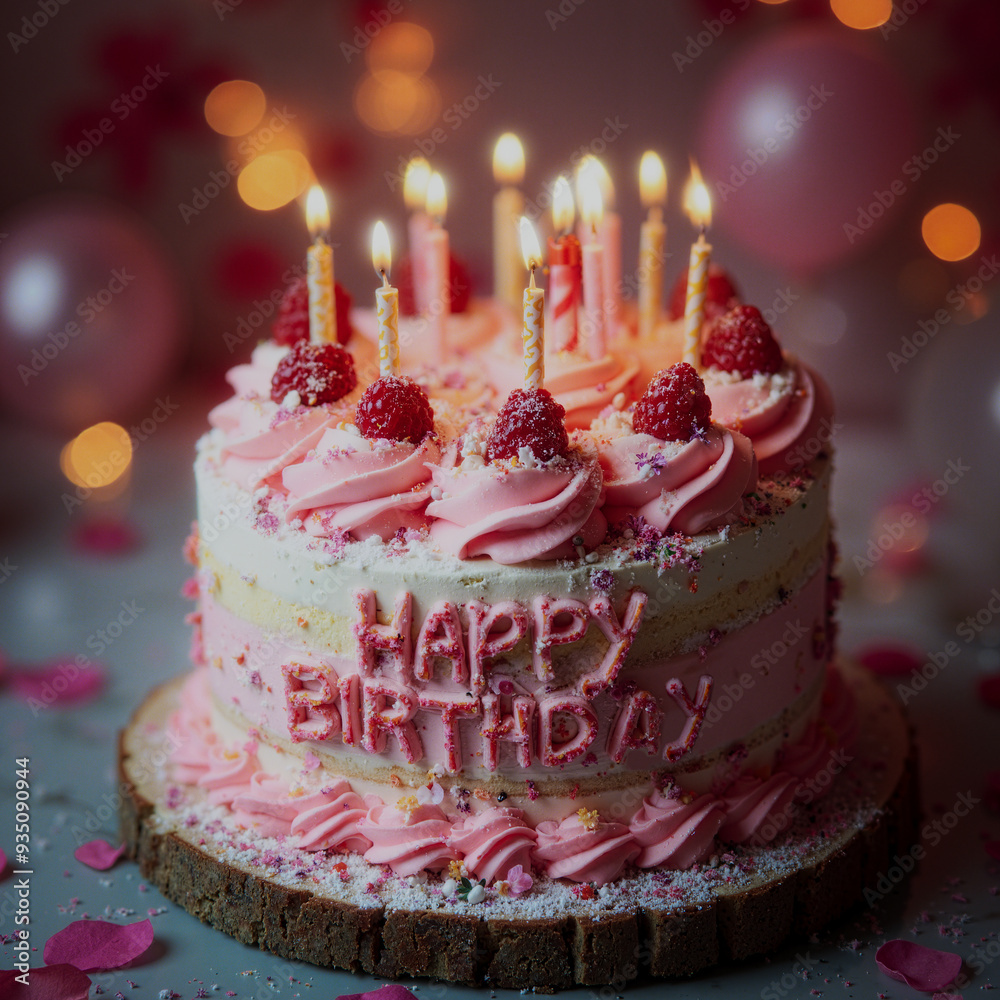 Grafika przedstawiająca tort urodzinowy z napisem Happy Birthday. Może ...