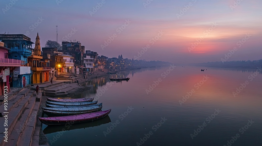 Panoramic view of the Ganges River at dawn, with open water and sky for ...
