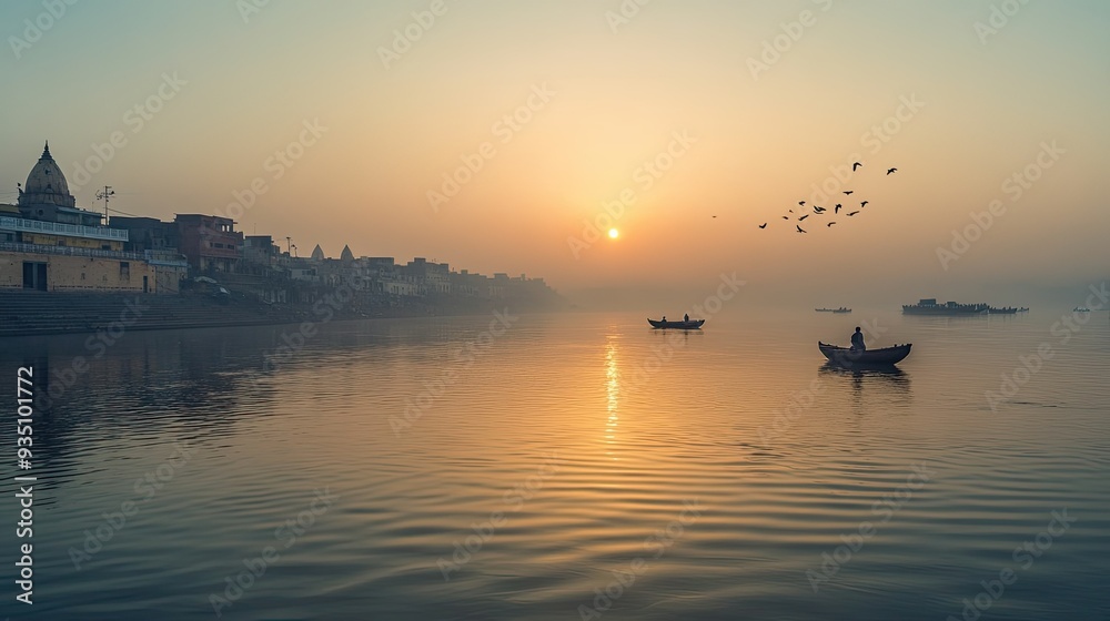 Panoramic view of the Ganges River at dawn, with open water and sky for ...