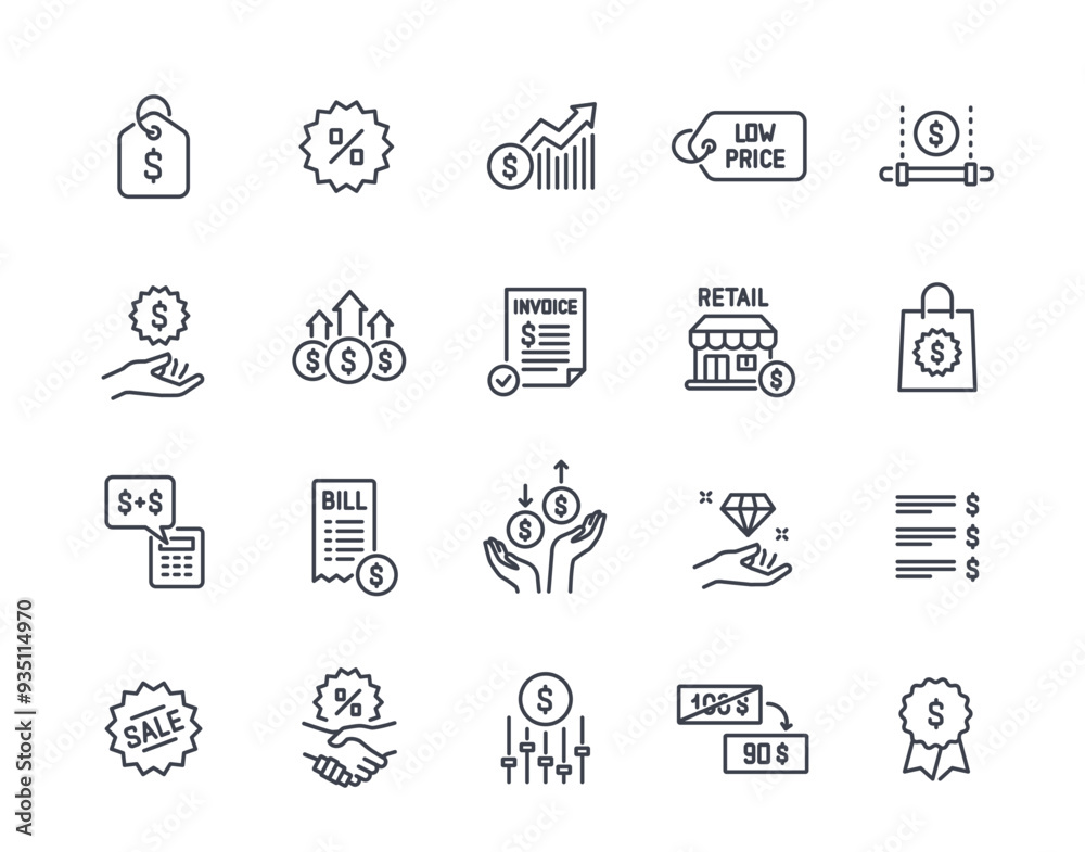 Set of linear price icons. Simple symbols with receipt, price tag, cost ...