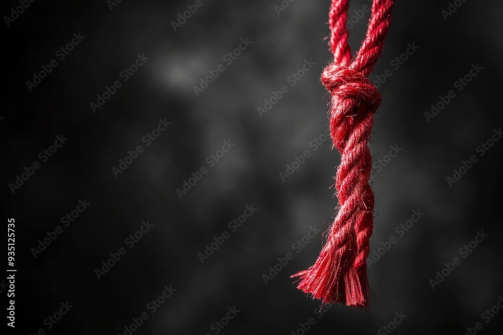 Frayed Red Rope Hanging By Last Thread On Black And White Background ...