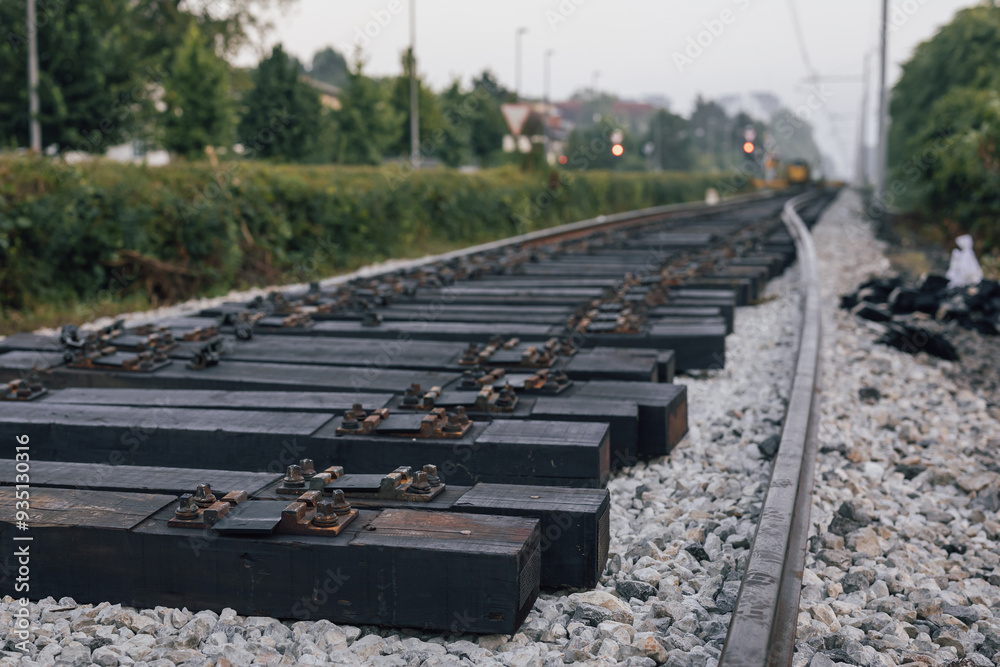 Fresh track and ballast on a track bed at a renovation works of a ...