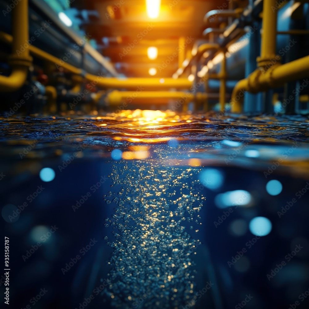 Underwater view of pipes with glowing light reflections and bubbles in ...