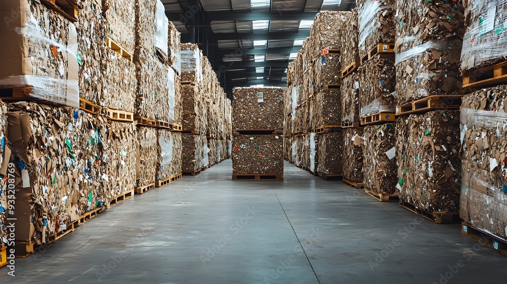 Large neatly stacked bales of compressed recycled paper stored in a ...