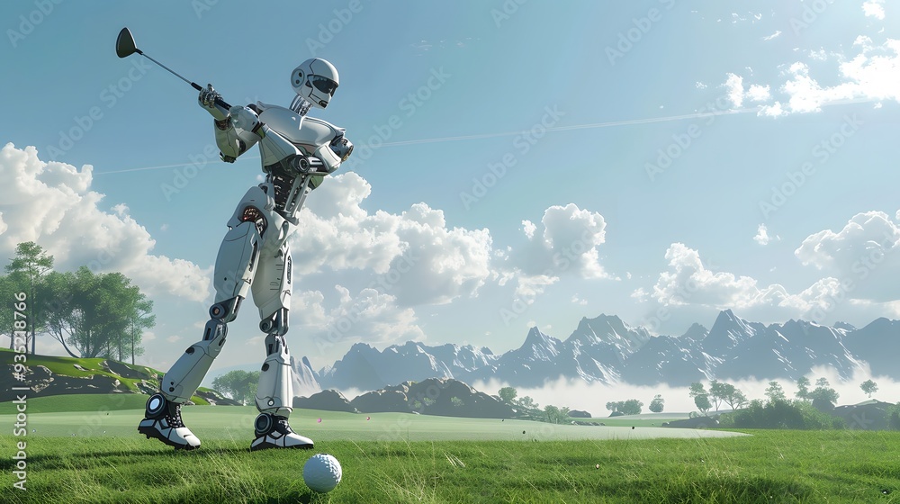 Robot Golfer Swinging Club: A robot golfer in mid-swing, sending a golf ...