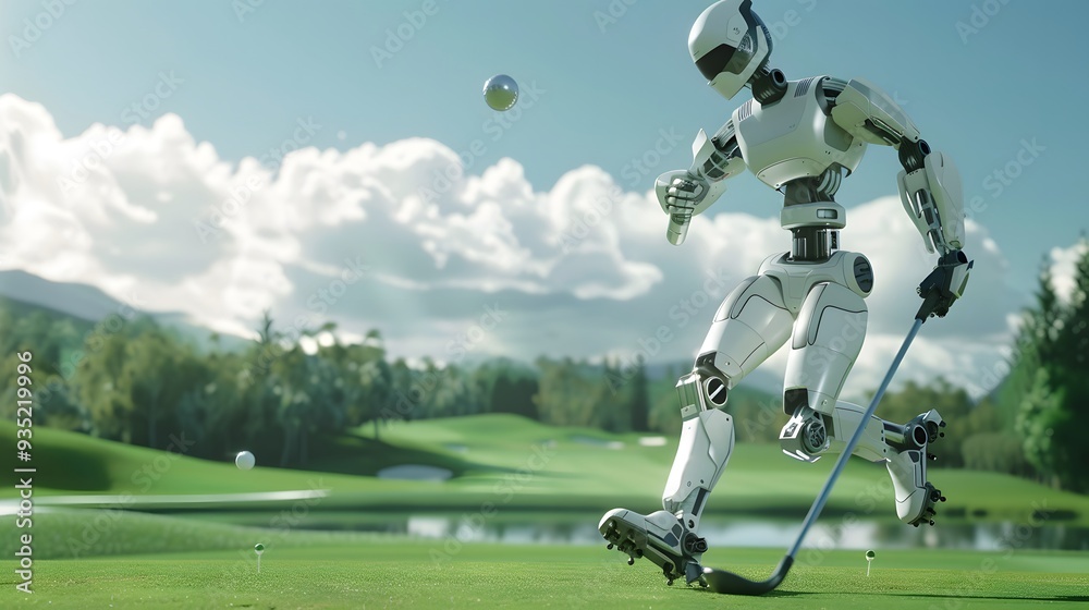 Robot Golfer Swinging Club: A robot golfer in mid-swing, sending a golf ...