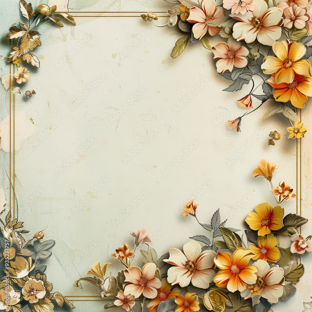 floral frame with old white paper background, design for decorative ...