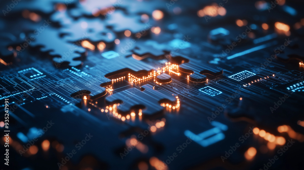 Glowing digital puzzle pieces connecting over an abstract, tech ...