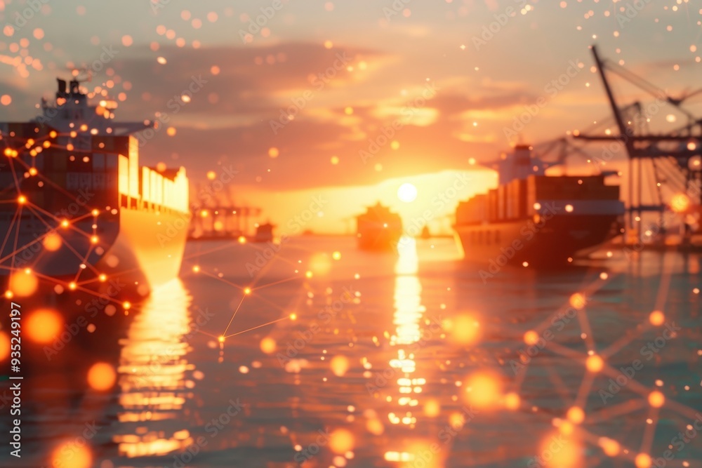 Futuristic Harbor Sunset, a vibrant scene of a bustling harbor filled ...