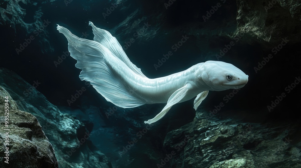 Regalecus glesne swimming near a deep-sea trench, its body curving with ...
