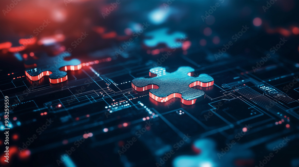 API integration concept depicted with digital puzzle pieces ...