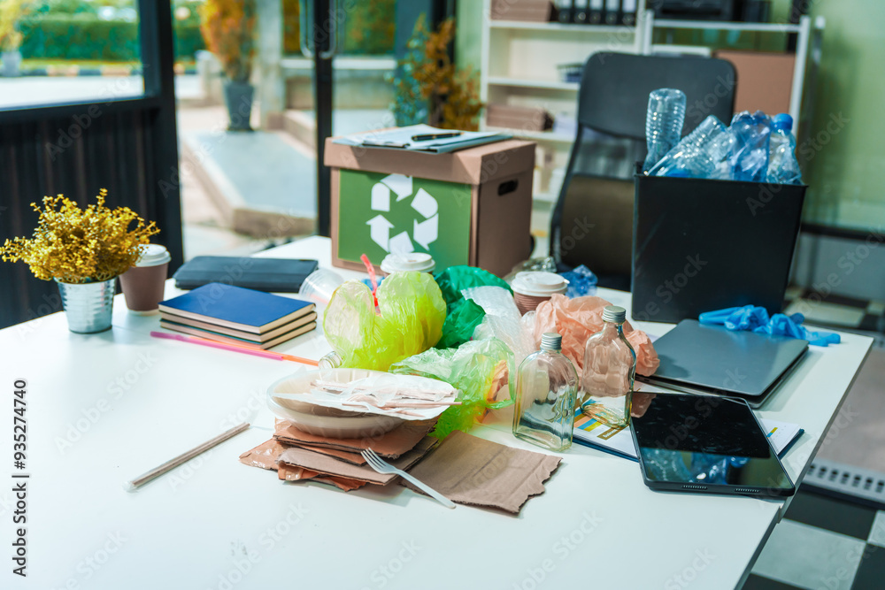 Empty desk setup for waste management, featuring bins for separating ...