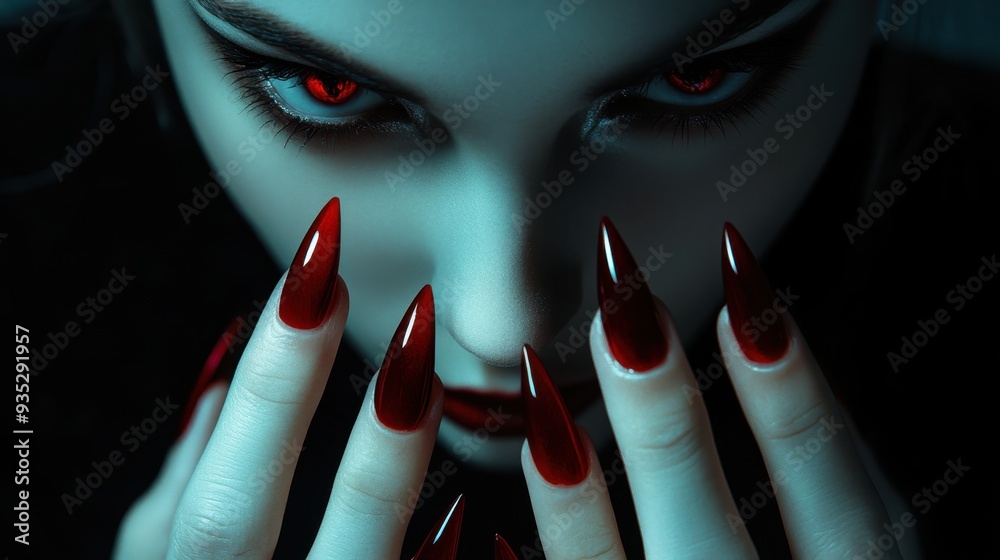 Beautiful Sexy woman vampire with sharp bloody red nails in deep forest ...