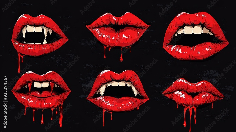 Set Of Sexy Vampire Mouths And Teeth Vector Set Of Halloween Horror
