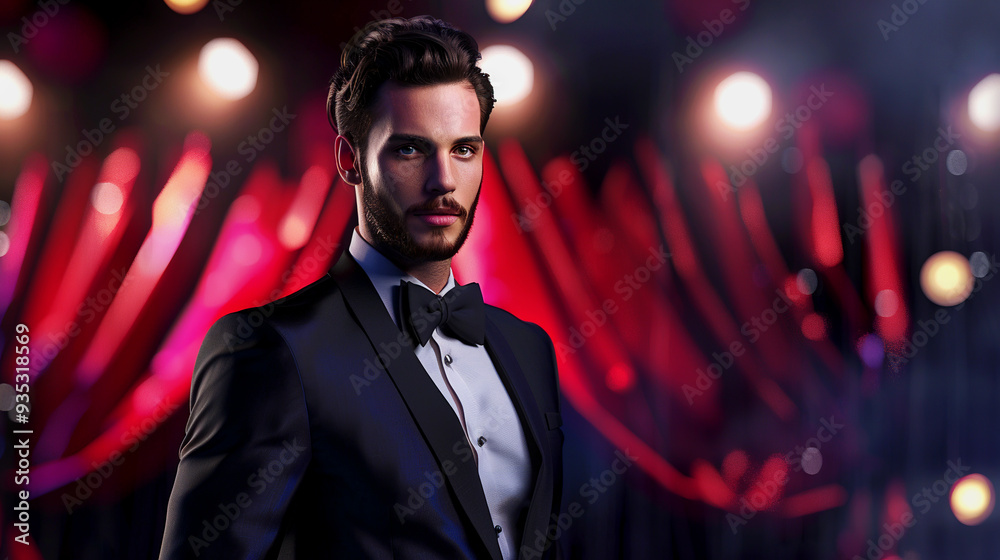 Famous actor in a classic black tuxedo, in backstage on curtain ...