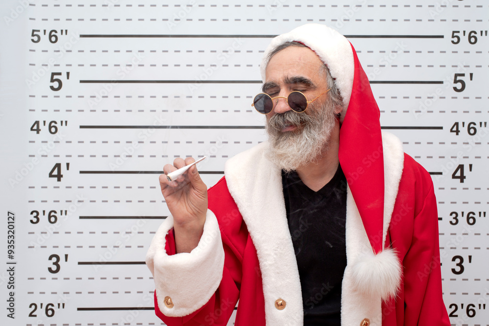 Bad Santa Claus smoking a hand-rolled cigarette, Police Mugshot Board ...