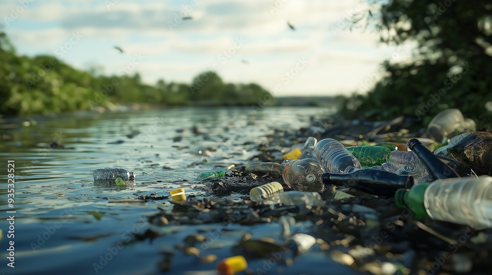 Plastic waste littering the surface of a river, contributing to severe ...