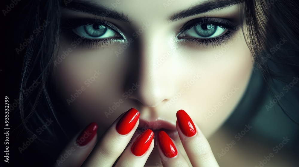 Beautiful Sexy woman vampire with sharp bloody red nails in deep forest ...