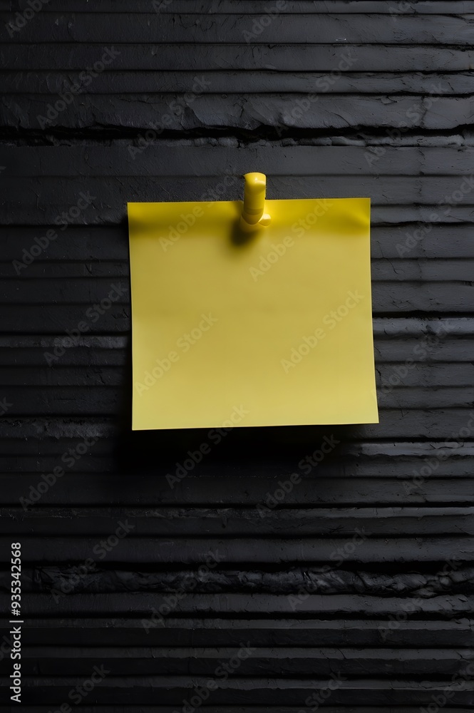 Yellow square blank sticky note on black wall background, empty Post-it ...