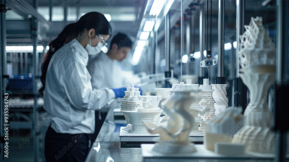 Engineers wearing safety glasses in a factory working with parts made from 3D printers ...