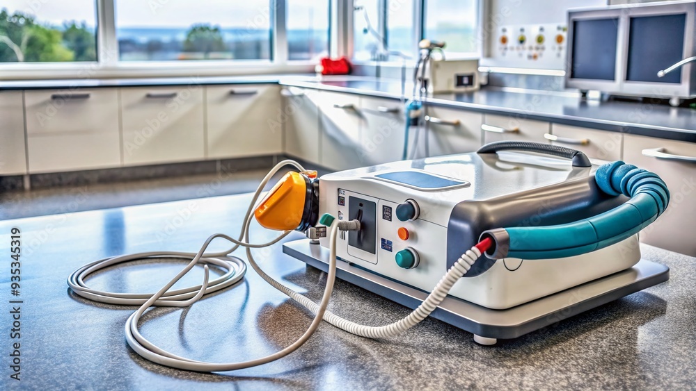 A life-saving medical device with metal paddles and electrical cords ...