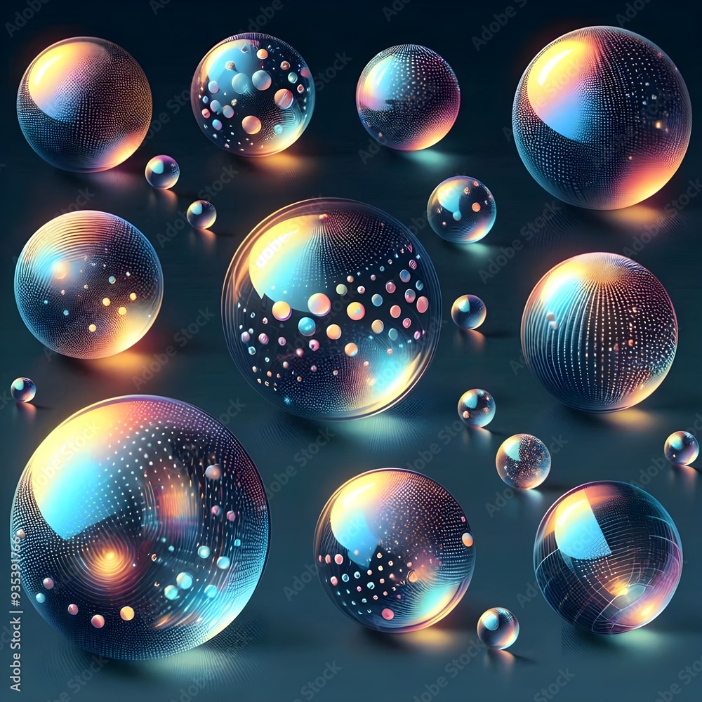 Collection of floating orbs in 3D space, featuring holo textures ...