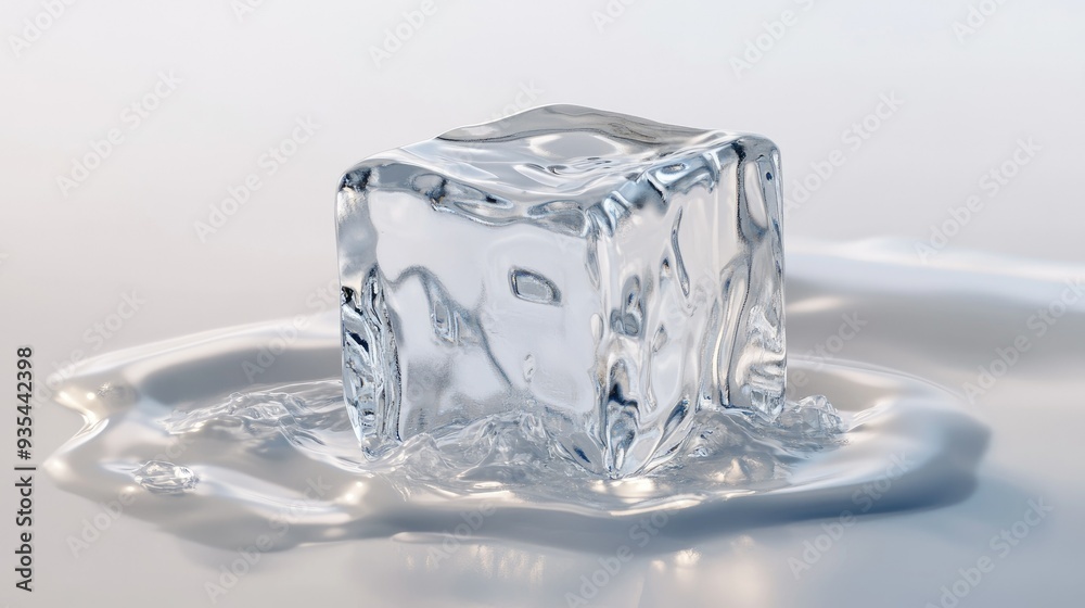 Detailed 3D view of a melting ice cube, with clear liquid pooling at ...