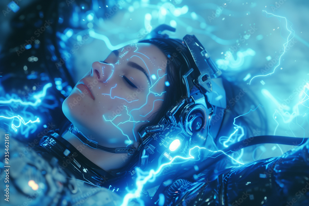 Beautiful woman with cybernetic implants and exoskeleton, framed by ...