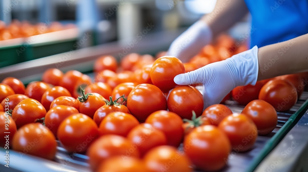 Worker inspecting and sorting ripe tomatoes in a produce processing ...