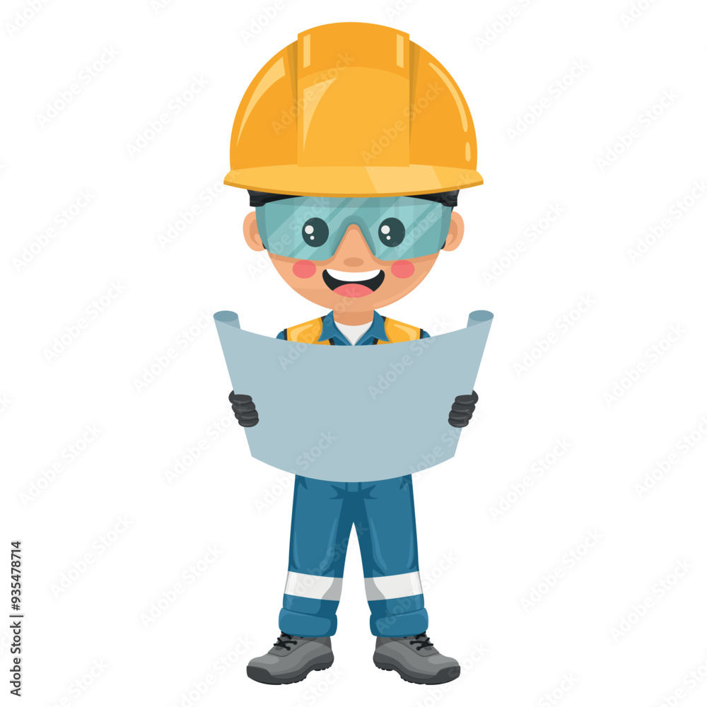 Civil engineer reading construction plans on site. Personal protective ...