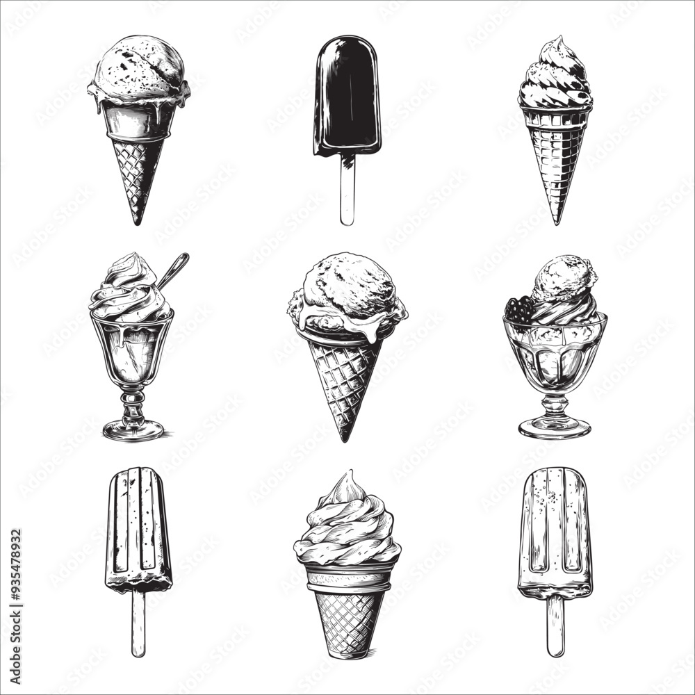 Set of ice cream vector illustrations - hand drawn ice cream - black ...