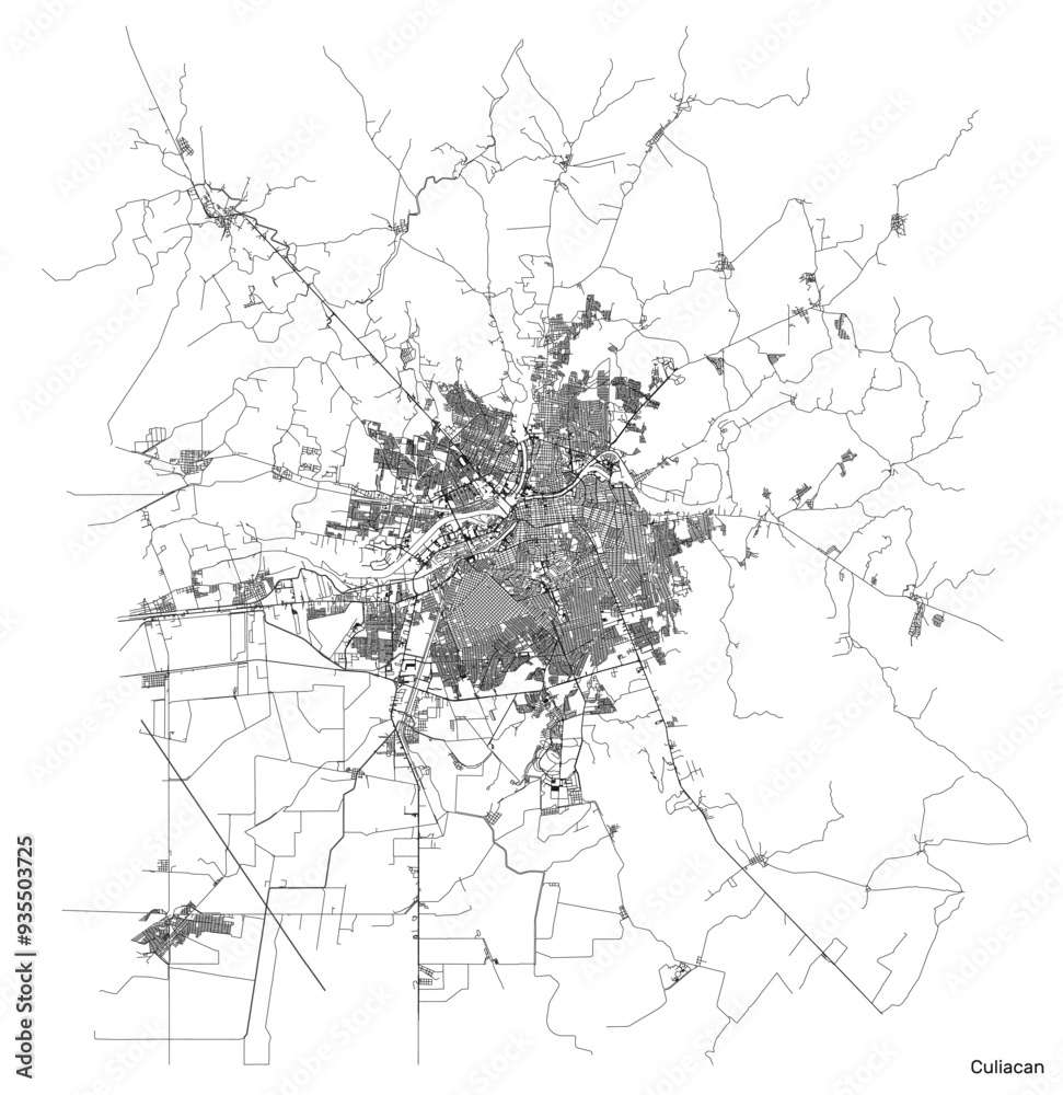 Culiacan city map with roads and streets, Mexico. Vector outline ...