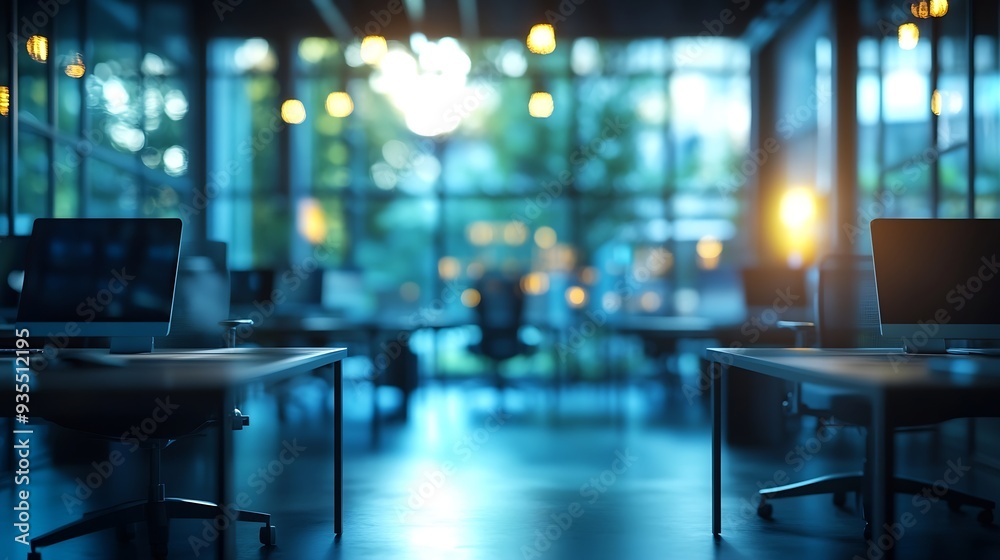 Blur background of modern office environment with multiple workstations ...