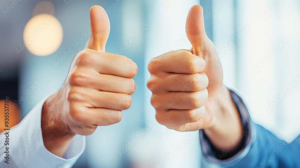 Two hands showing thumbs up as a sign of approval and agreement, close ...