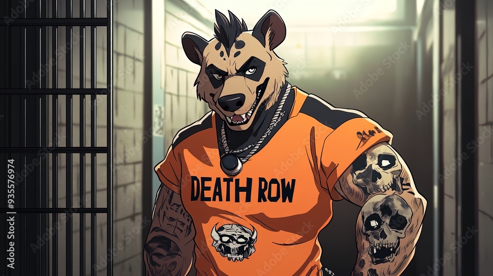 Muscular Hyena Cartoon Character in Prison Uniform: Bold Tattoos and ...