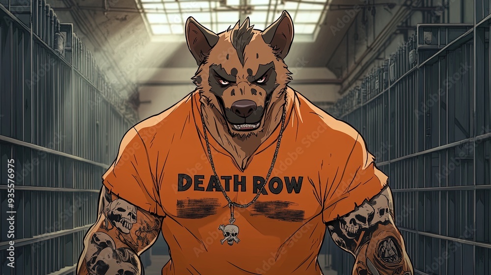 Muscular Hyena Cartoon Character in Prison Uniform: Bold Tattoos and ...