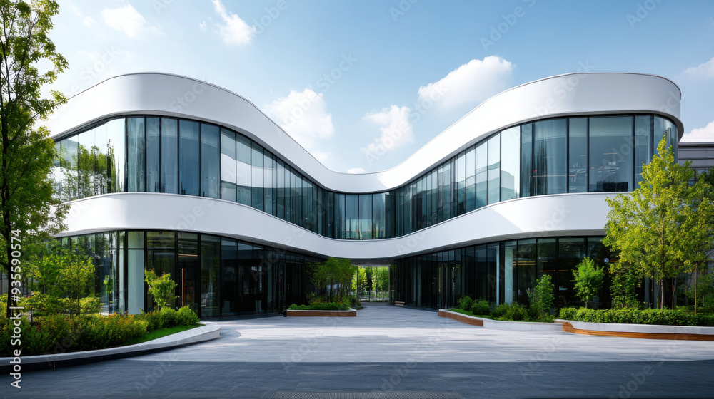 A contemporary university building featuring curved glass architecture ...