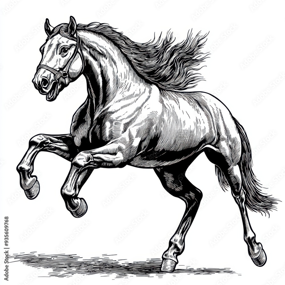 Black and white Vintage engraved art of a horse neighing loudly ...