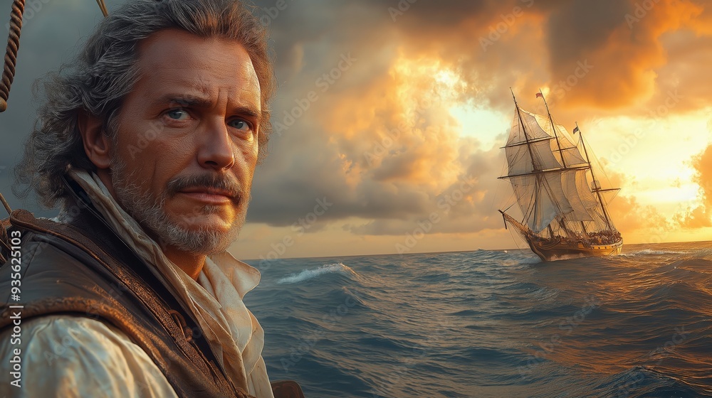 Historical scene of Christopher Columbus on the deck of a sailing ship ...