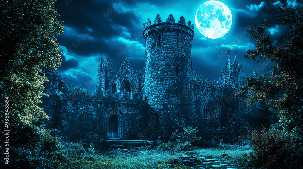 Dark fantasy castle with moonlight, gothic architecture, old ruins of a ...