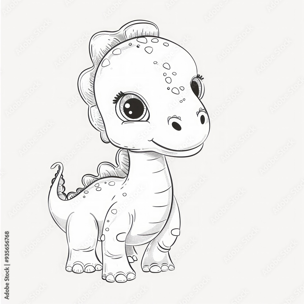 Smiling dinosaur standing. Black and white line art illustration ...