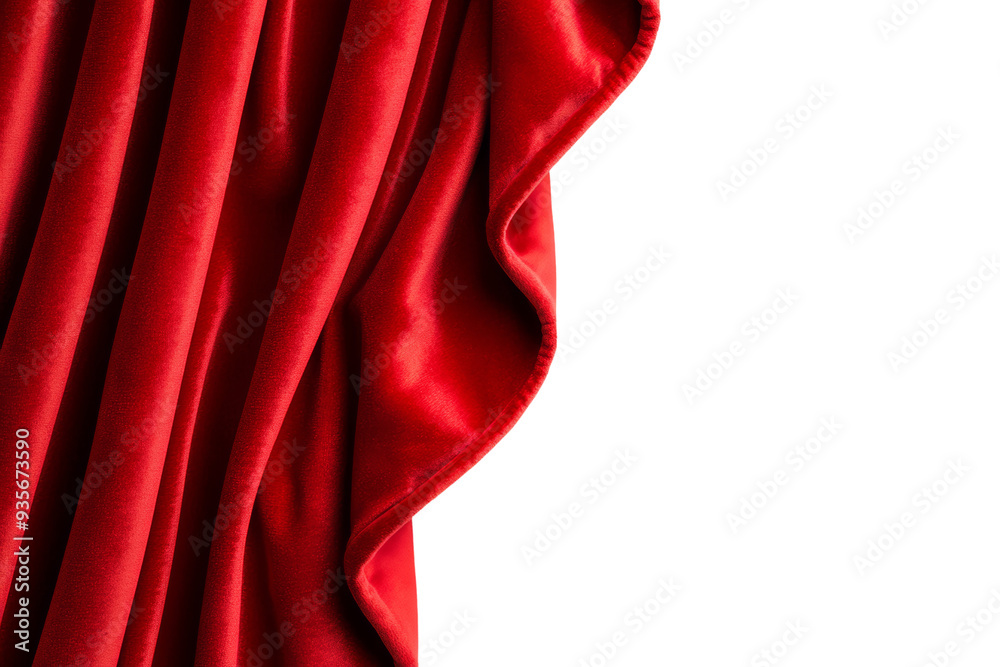Scarlet red velvet curtain hanging in soft folds isolated on ...