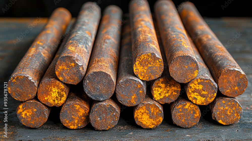 round metallic bars, highlighting their texture and shine, used in ...